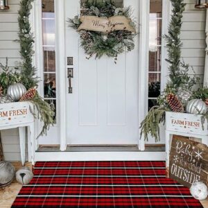 buffalo plaid outdoor rugs, 2'x4'3'' brown and white checkered indoor/outdoor area rug, layering rug for hello/welcome door mat, washable cotton woven farmhouse mat for fall front porch décor