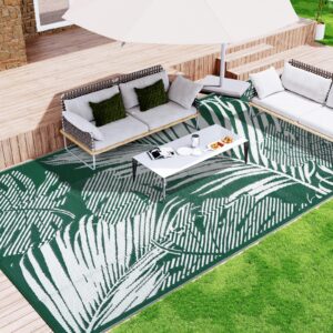 wondrg outdoor waterproof patio rug 5x8 plastic straw reversible lightweight outdoor area carpet for camping rv picnic backyard deck balcony porch beach, green & white leaf