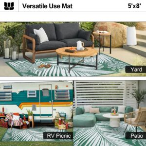 WondRg Outdoor Waterproof Patio Rug 5x8 Plastic Straw Reversible Lightweight Outdoor Area Carpet for Camping RV Picnic Backyard Deck Balcony Porch Beach, Green & White Leaf