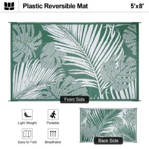 WondRg Outdoor Waterproof Patio Rug 5x8 Plastic Straw Reversible Lightweight Outdoor Area Carpet for Camping RV Picnic Backyard Deck Balcony Porch Beach, Green & White Leaf