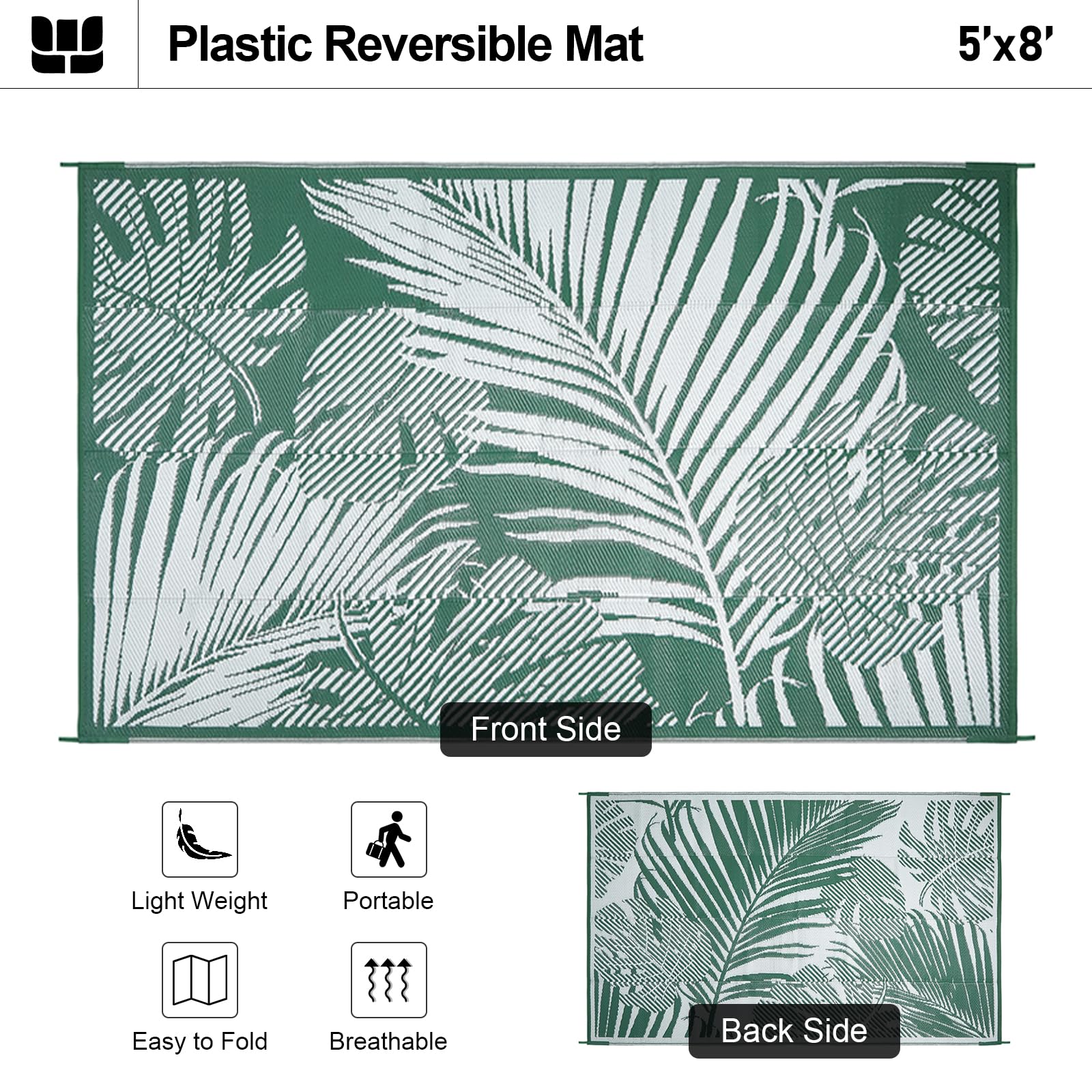 WondRg Outdoor Waterproof Patio Rug 5x8 Plastic Straw Reversible Lightweight Outdoor Area Carpet for Camping RV Picnic Backyard Deck Balcony Porch Beach, Green & White Leaf