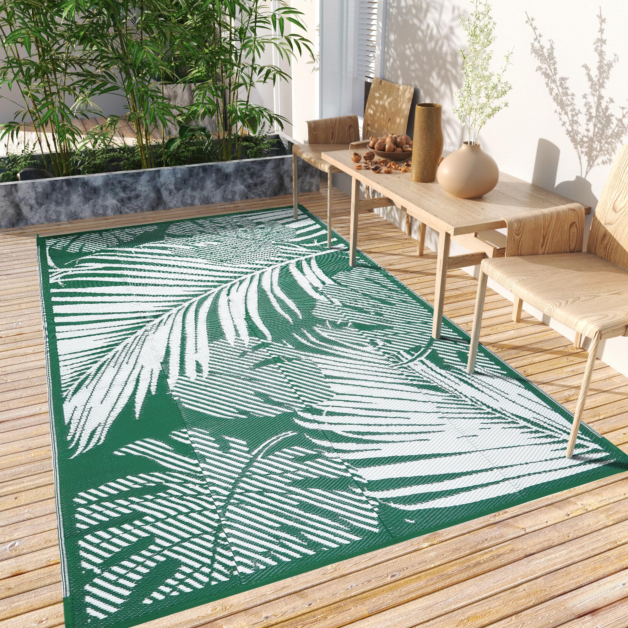 WondRg Outdoor Waterproof Patio Rug 5x8 Plastic Straw Reversible Lightweight Outdoor Area Carpet for Camping RV Picnic Backyard Deck Balcony Porch Beach, Green & White Leaf