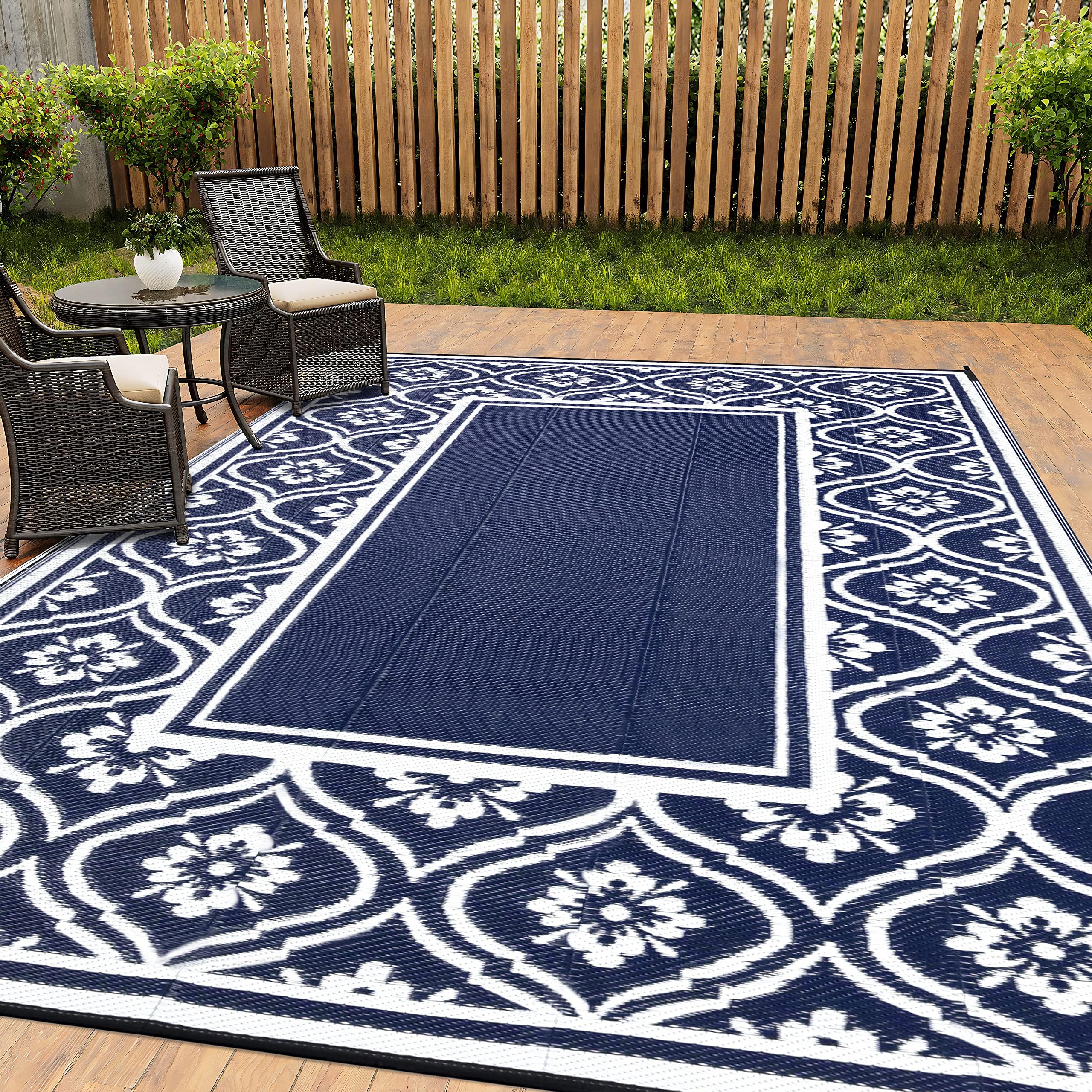 HUGEAR Outdoor Rug Mats, Large Waterproof Area Rug, Reversible Portable Plastic Straw Carpet for RV Deck Camping Front Door Indoor Outside Porch Picnic (8x10ft Lantern Navy Blue&White)