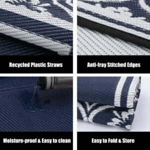 HUGEAR Outdoor Rug Mats, Large Waterproof Area Rug, Reversible Portable Plastic Straw Carpet for RV Deck Camping Front Door Indoor Outside Porch Picnic (8x10ft Lantern Navy Blue&White)