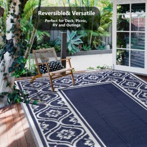 HUGEAR Outdoor Rug Mats, Large Waterproof Area Rug, Reversible Portable Plastic Straw Carpet for RV Deck Camping Front Door Indoor Outside Porch Picnic (8x10ft Lantern Navy Blue&White)