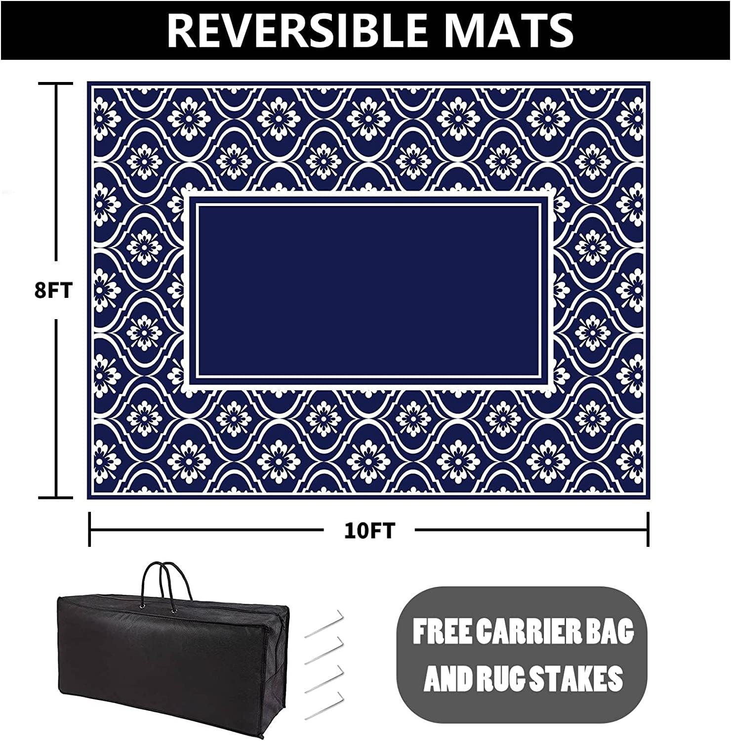 HUGEAR Outdoor Rug Mats, Large Waterproof Area Rug, Reversible Portable Plastic Straw Carpet for RV Deck Camping Front Door Indoor Outside Porch Picnic (8x10ft Lantern Navy Blue&White)