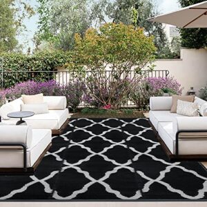 outdoorlines outdoor plastic area rugs for patio 4x6 ft - reversible outside carpet, stain & uv resistant rv mats, straw rug for camping, deck garden, porch and balcony, moroccan black & light grey