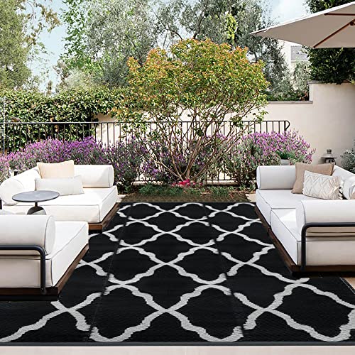 OutdoorLines Outdoor Plastic Area Rugs for Patio 4x6 ft - Reversible Outside Carpet, Stain & UV Resistant RV Mats, Straw Rug for Camping, Deck Garden, Porch and Balcony, Moroccan Black & Light Grey