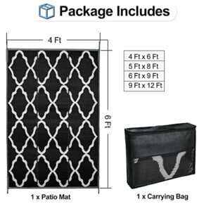 OutdoorLines Outdoor Plastic Area Rugs for Patio 4x6 ft - Reversible Outside Carpet, Stain & UV Resistant RV Mats, Straw Rug for Camping, Deck Garden, Porch and Balcony, Moroccan Black & Light Grey