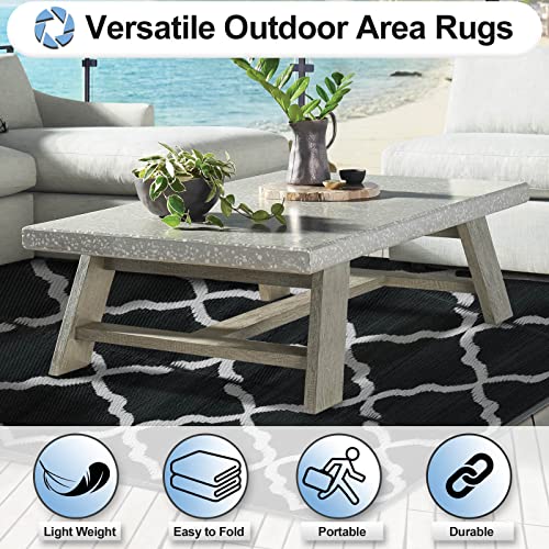 OutdoorLines Outdoor Plastic Area Rugs for Patio 4x6 ft - Reversible Outside Carpet, Stain & UV Resistant RV Mats, Straw Rug for Camping, Deck Garden, Porch and Balcony, Moroccan Black & Light Grey