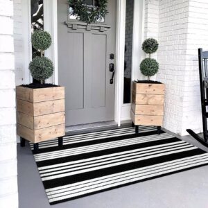 ojia black and white outdoor rug 3 x 5 ft cotton hand-woven striped porch rug machine washable entry rug indoor/outdoor area rug front door rug floor mat for farmhouse/living room/home entrance