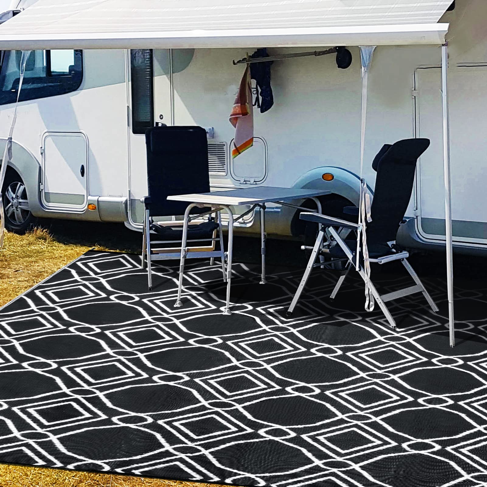 Kohree Outdoor Plastic Straw Rug 6x9 Outdoor Rug Outdoor Carpet Waterproof Outdoor Patio Rugs Fade Resistant Non-Slip Reversible Mats for Rv, Backyard, Deck, Picnic, Beach, Camping, Black & White