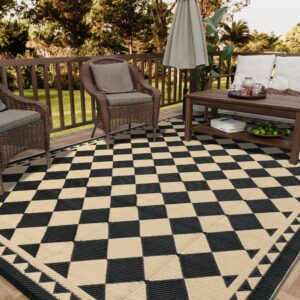 hugear outdoor rug for patios clearance,waterproof mat,large outside carpet,reversible plastic straw camping rugs,rv,porch,deck,camper,balcony,backyard (6x9,checkered/black&beige)