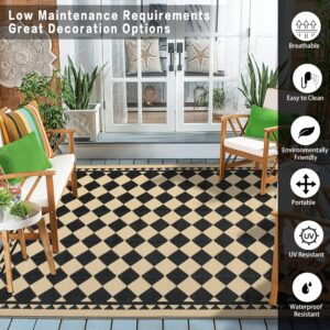 HUGEAR Outdoor Rug for Patios Clearance,Waterproof Mat,Large Outside Carpet,Reversible Plastic Straw Camping Rugs,Rv,Porch,Deck,Camper,Balcony,Backyard (6x9,Checkered/Black&Beige)