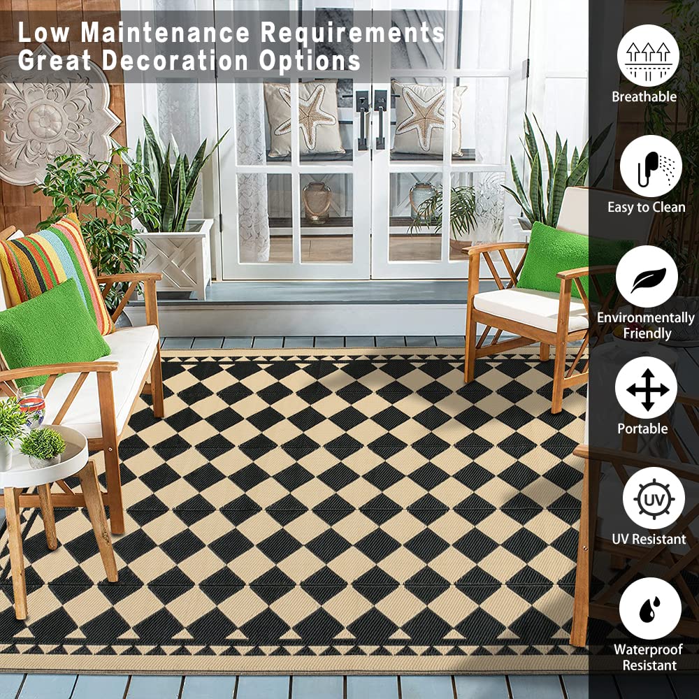 HUGEAR Outdoor Rug for Patios Clearance,Waterproof Mat,Large Outside Carpet,Reversible Plastic Straw Camping Rugs,Rv,Porch,Deck,Camper,Balcony,Backyard (6x9,Checkered/Black&Beige)