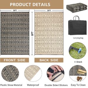 Reversible Outdoor Rugs for Patio Decor 5x8ft Waterproof Portable Outdoor Carpet Mat Large Plastic Straw Rug Geometric Bohemian Area Rug for Patio Clearance RV Camping Picnic Beach Backyard