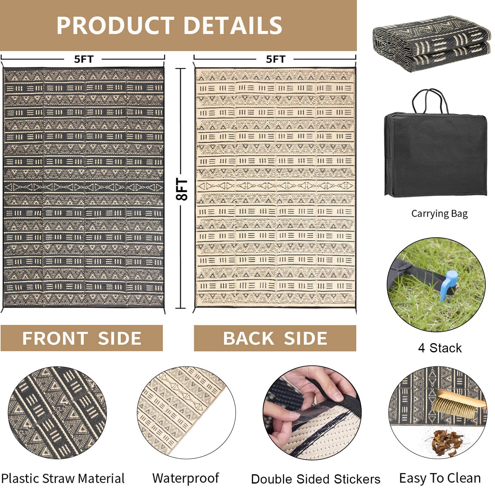 Reversible Outdoor Rugs for Patio Decor 5x8ft Waterproof Portable Outdoor Carpet Mat Large Plastic Straw Rug Geometric Bohemian Area Rug for Patio Clearance RV Camping Picnic Beach Backyard