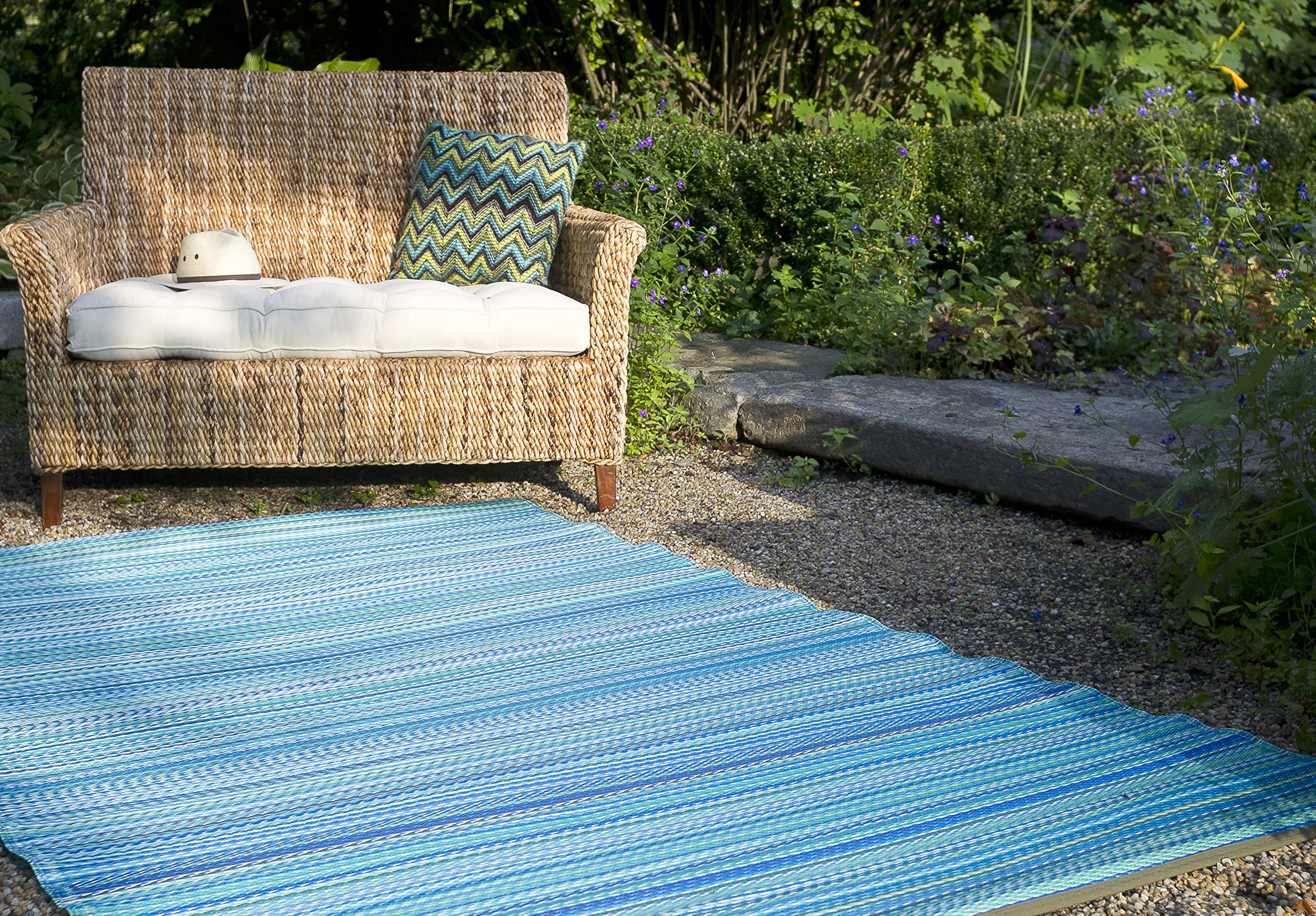 Fab Habitat Outdoor Rug - Waterproof, Fade Resistant, Crease-Free - Premium Recycled Plastic - Striped - Porch, Deck, Balcony, Laundry Room, Patio - Cancun - Turquoise & Moss Green - 3 x 5 ft