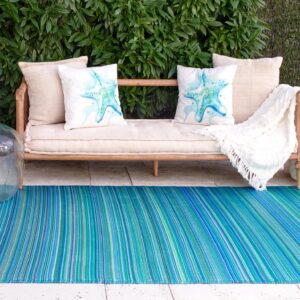 Fab Habitat Outdoor Rug - Waterproof, Fade Resistant, Crease-Free - Premium Recycled Plastic - Striped - Porch, Deck, Balcony, Laundry Room, Patio - Cancun - Turquoise & Moss Green - 3 x 5 ft