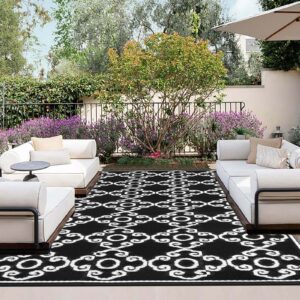 outdoorlines outdoor reversible rugs for patio 4x6 ft - outside plastic carpet, stain & uv resistant portable rv mat, straw rug for camping, backyard, deck, picnic, porch moroccan flower black & white