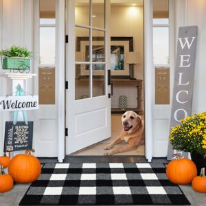 foneyi buffalo plaid outdoor rug, 20"x32" checkered front door mat, non slip absorbent entryway rug doormat indoor, washable outdoor rugs for layered door mats front porch/farmhouse black and white