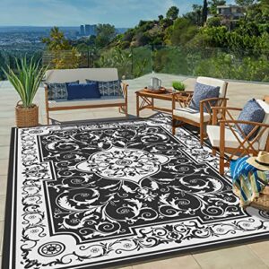 nalone reversible mats, outdoor rugs 6x9 for patio, outdoor plastic straw rug, new york patio country retro transitional geometric outdoor area rug for rv, camping, deck, picnic (6'x9', black&white)