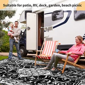 nalone Reversible Mats, Outdoor Rugs 6x9 for Patio, Outdoor Plastic Straw Rug, New York Patio Country Retro Transitional Geometric Outdoor Area Rug for RV, Camping, Deck, Picnic (6'X9', Black&White)