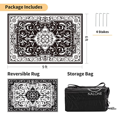 nalone Reversible Mats, Outdoor Rugs 6x9 for Patio, Outdoor Plastic Straw Rug, New York Patio Country Retro Transitional Geometric Outdoor Area Rug for RV, Camping, Deck, Picnic (6'X9', Black&White)