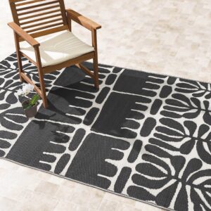 fab habitat outdoor rug - waterproof, fade resistant, crease-free - premium recycled plastic - tribal, black & white - porch, deck, balcony, mudroom, laundry room, patio - serowe - black - 3 x 5 ft