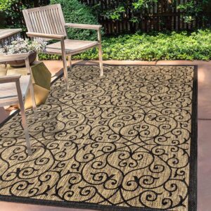 jonathan y madrid vintage filigree textured weave indoor/outdoor black/khaki 5 ft. x 8 ft. area-rug, classic,easy-cleaning,hightraffic,livingroom,backyard, non shedding (smb107a-5)