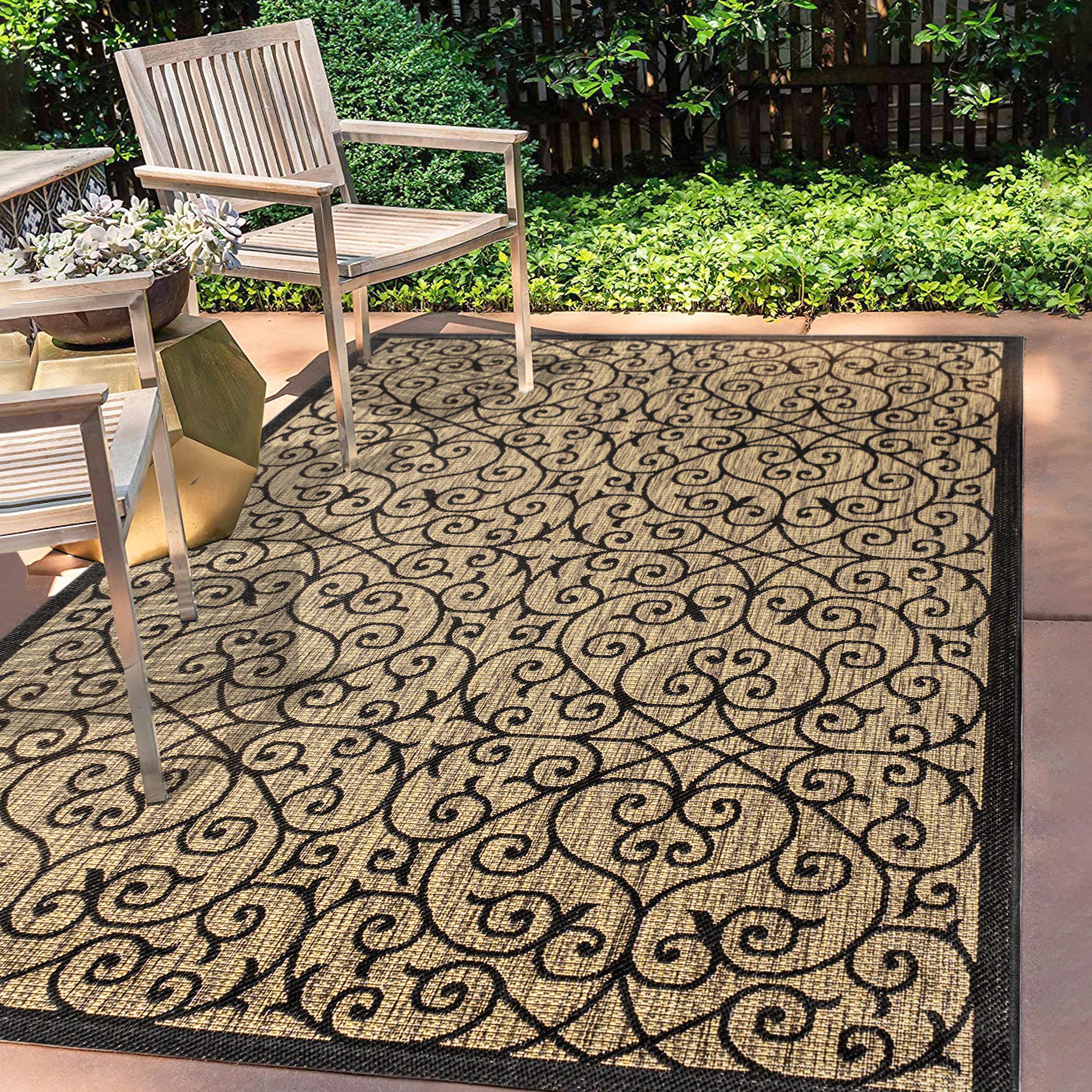 JONATHAN Y Madrid Vintage Filigree Textured Weave Indoor/Outdoor Black/Khaki 5 ft. x 8 ft. Area-Rug, Classic,Easy-Cleaning,HighTraffic,LivingRoom,Backyard, Non Shedding (SMB107A-5)