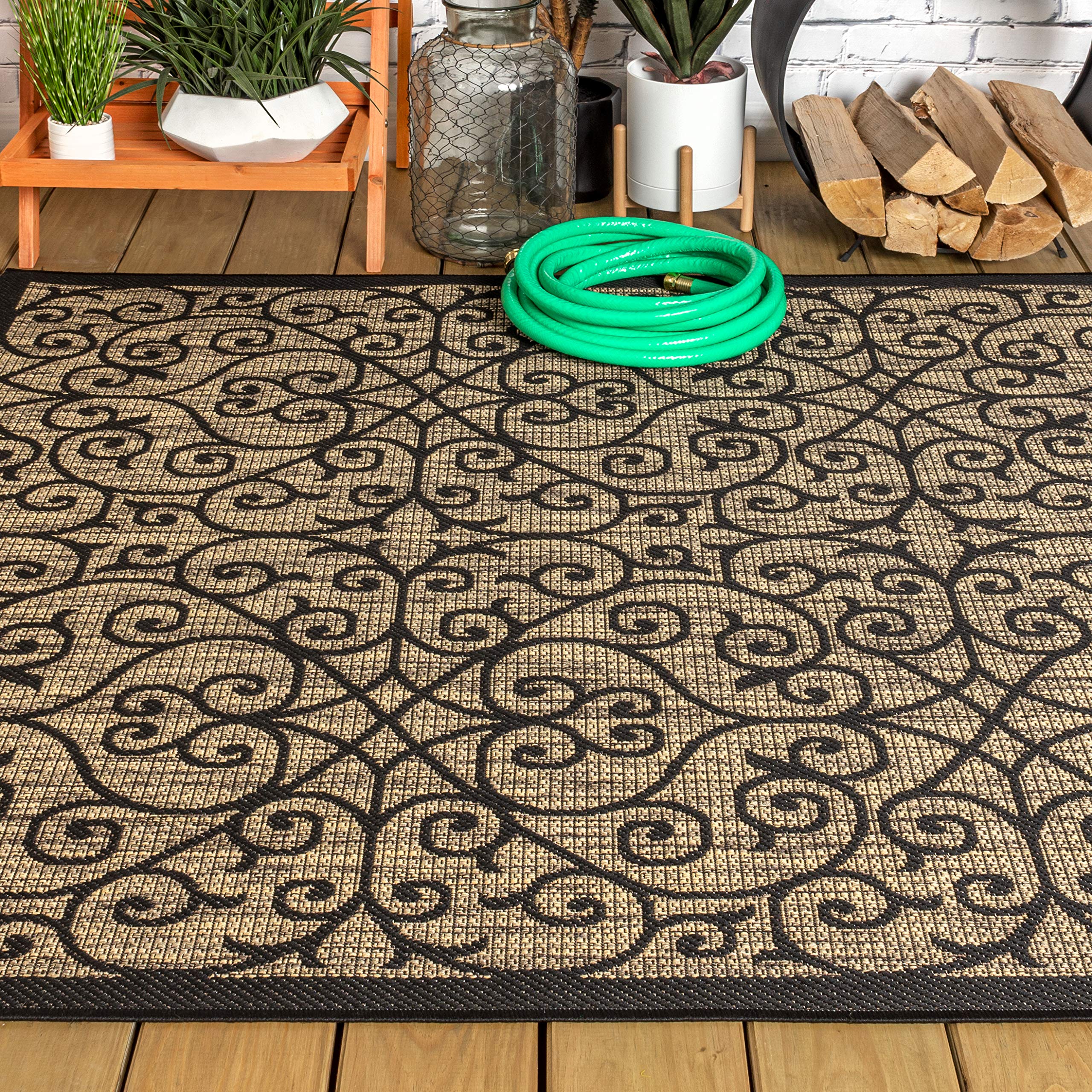 JONATHAN Y Madrid Vintage Filigree Textured Weave Indoor/Outdoor Black/Khaki 5 ft. x 8 ft. Area-Rug, Classic,Easy-Cleaning,HighTraffic,LivingRoom,Backyard, Non Shedding (SMB107A-5)