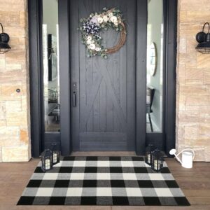 cainanel buffalo plaid outdoor rug 27.5'' x 43'' black and white check rug front porch rug machine washable hand-woven layered door mats for front porch,farmhouse decor,front door decor