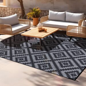 outdoor camping rug waterproof 6x9ft, large reversible stain&uv resistant plastic straw rv rug for outside patio pool deck beach indoor, area carpet mat with portable bag&4 stakes-black grey rhombus