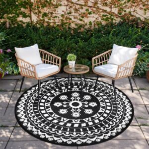 capslpad round outdoor rug for patio 5' reversible mat waterproof plastic straw rug boho round indoor outdoor area rug for rv,backyard,balcony,deck,tent,picnic,beach,camping,w/carry bag