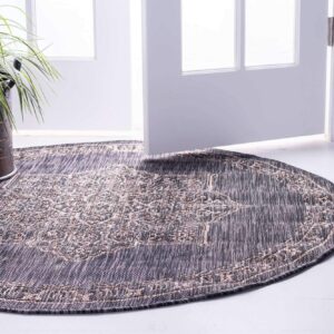 Unique Loom Outdoor Traditional Collection Area Rug - Antique (4' 1" Round, Charcoal Gray/ Natural)