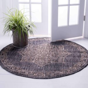 Unique Loom Outdoor Traditional Collection Area Rug - Antique (4' 1" Round, Charcoal Gray/ Natural)