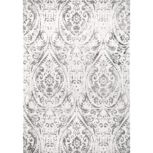 home dynamix nicole miller patio sofia juniper indoor/outdoor area rug 5'3"x7'2", distressed damask ivory/gray