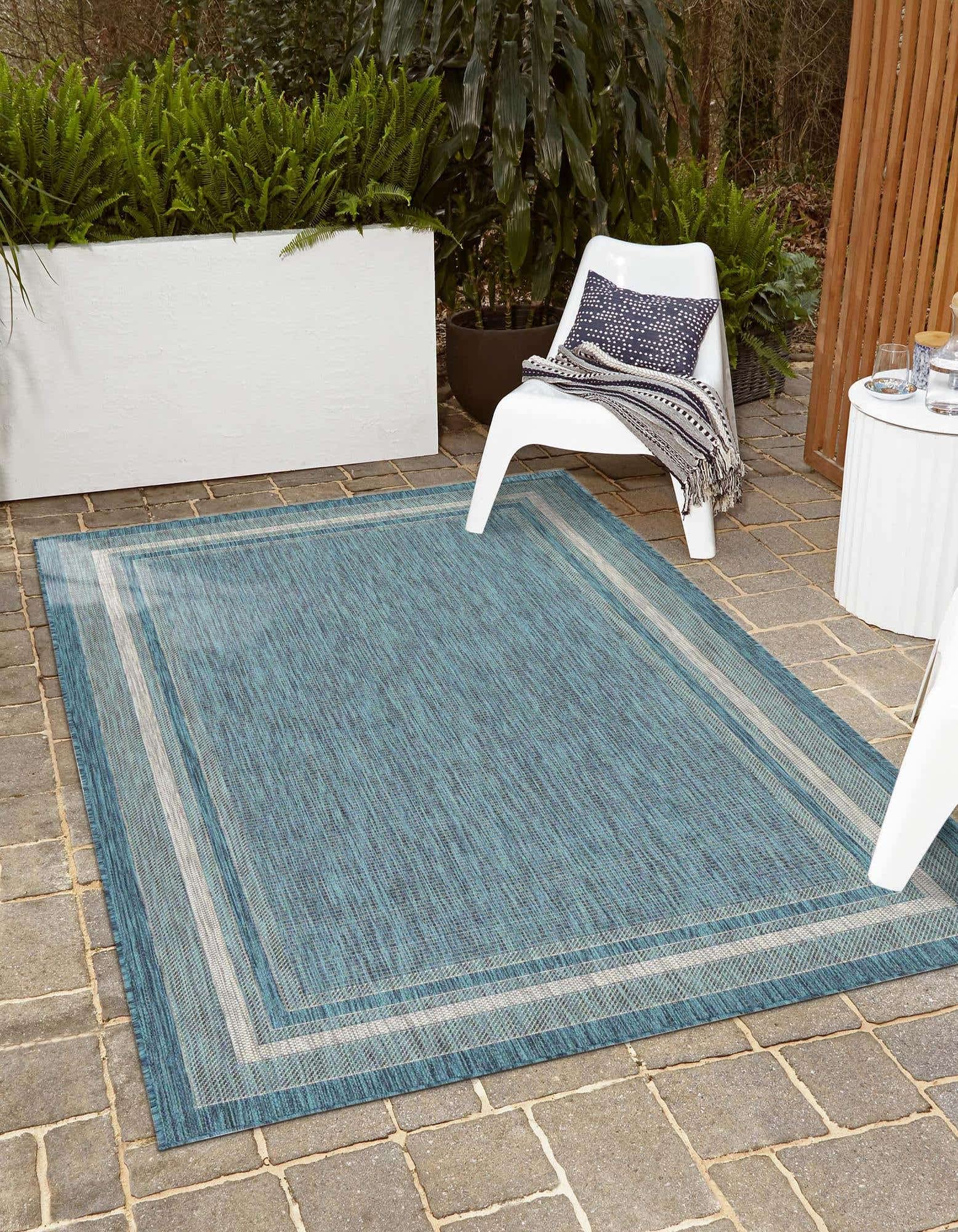 Unique Loom Outdoor Border Collection Area Rug - Soft Border (10'x 14' 1" Rectangle, Teal/ Ivory)