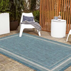 Unique Loom Outdoor Border Collection Area Rug - Soft Border (10'x 14' 1" Rectangle, Teal/ Ivory)