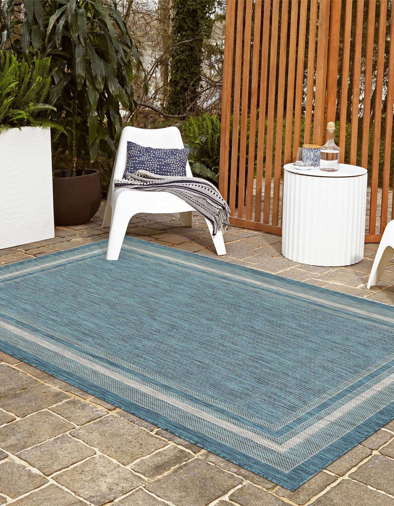 Unique Loom Outdoor Border Collection Area Rug - Soft Border (10'x 14' 1" Rectangle, Teal/ Ivory)