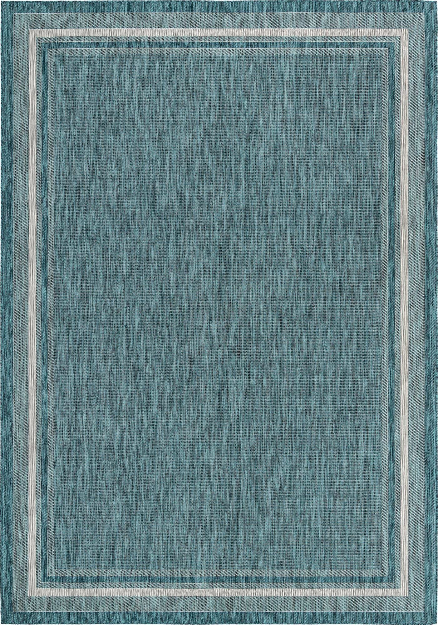 Unique Loom Outdoor Border Collection Area Rug - Soft Border (10'x 14' 1" Rectangle, Teal/ Ivory)