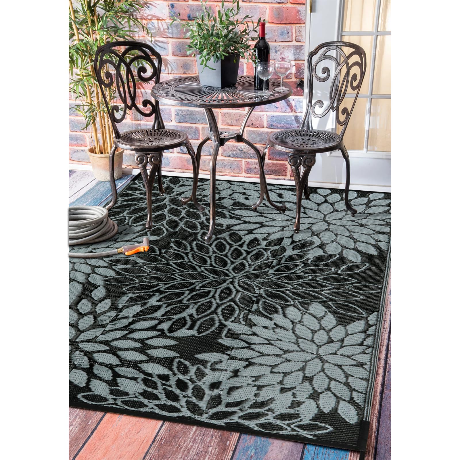 Wonnitar Plastic Outdoor Rugs 5x8,Reversible Outdoor Patio Rug Waterproof RV Camping Rug,Large Portable Outside Tropical Leaf Mat Deck Floor Carpet for Backyard Garden Balcony Picnic,Black/Grey