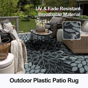 Wonnitar Plastic Outdoor Rugs 5x8,Reversible Outdoor Patio Rug Waterproof RV Camping Rug,Large Portable Outside Tropical Leaf Mat Deck Floor Carpet for Backyard Garden Balcony Picnic,Black/Grey