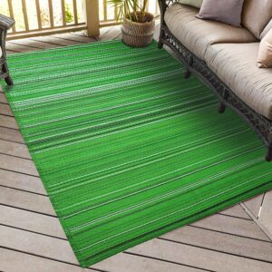 taksha rolled outdoor 4x6 ft striped fade resistant easy cleaning plastic straw reversible small area rug for camping backyard patio porch picnic travel, green rangoli