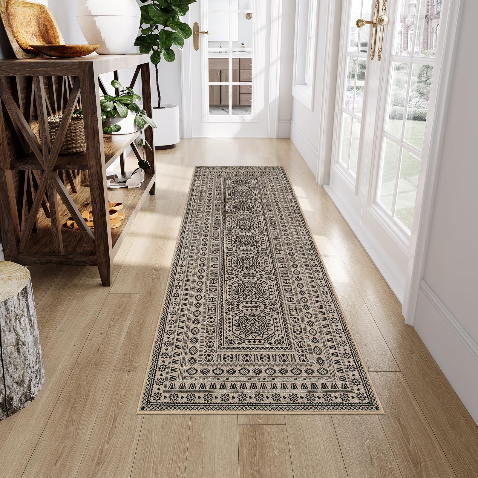 Lahome Mandala Easy Jute Runner Rug - 2x6 Black Natural Jute Rug Runners for Hallways 6 Feet Non Slip Farmhouse Washable Runner Rug Indoor Outdoor Rugs for Entryway Laundry Room Bedroom,2x6ft