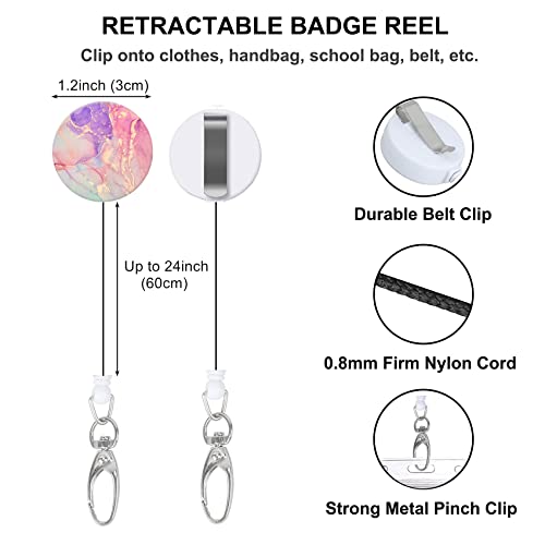 Badge Reels Retractable with Carabiner Reel Clip, Worker Badge Holder Belt Ferrule, Identity ID Badge Holder Case, Nurse Doctor Office School Teacher Name Credit Card Pocket (H-Marble Purple Pink)