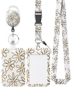 uniclife floral sliding badge holder white flower plastic case with retractable badge reel carabiner clip and detachable lanyard strap hard vertical card protector for women nurse teacher student