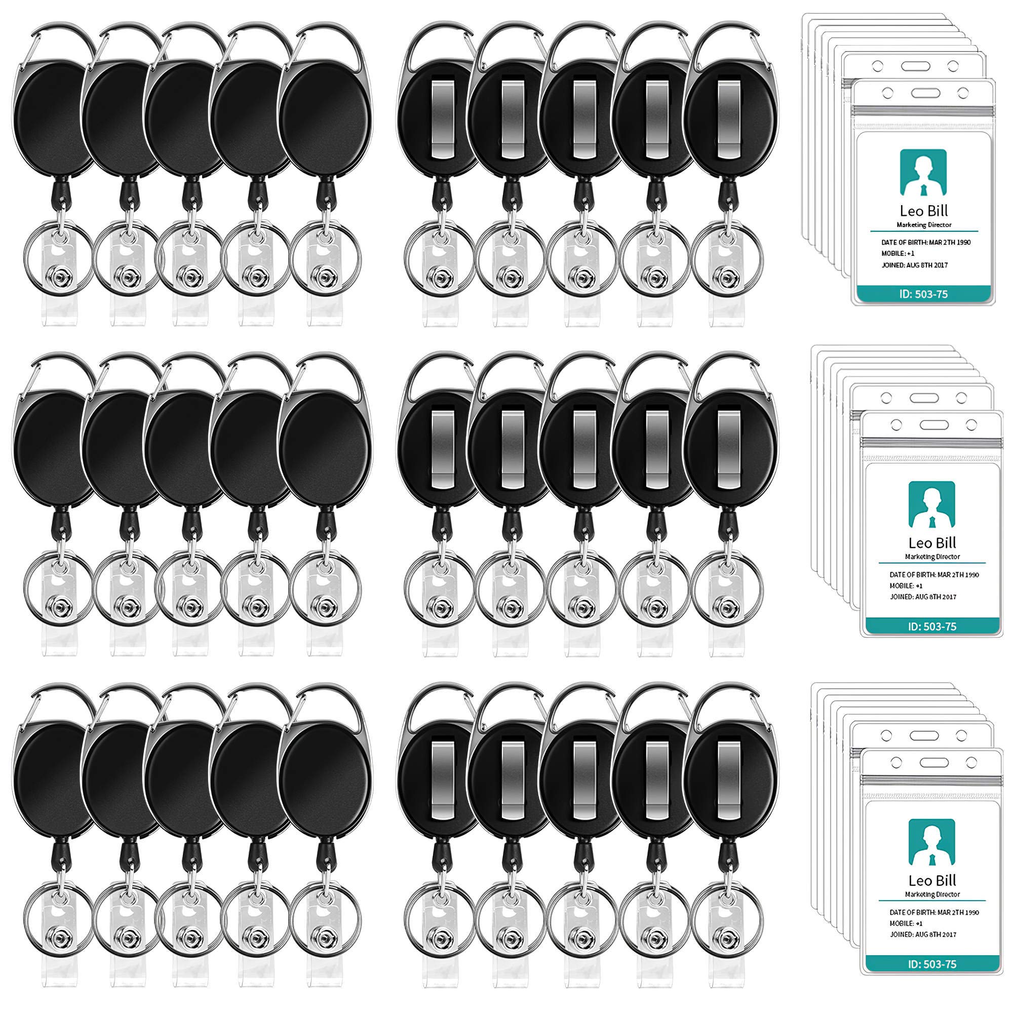 Puroma 30 Pack Badge Holder with Carabiner Badge Reel and Clip Retractable Heavy Duty, Clear ID badge holder with Waterproof Vertical Lanyard, Name Badge Holders with Key Ring for Card Holder Keychain