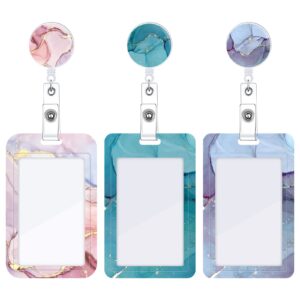 3 set heavy duty badge holder with retractable reel, marble retractable id badge holders with clip name key card holder case for teacher nurse doctor student office gift for coworkers